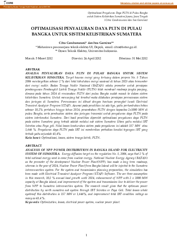 (PDF) Optimalisasi Penyaluran Daya PLTN DI Pulau Bangka Untuk Sistem Kelistrikan Sumatera