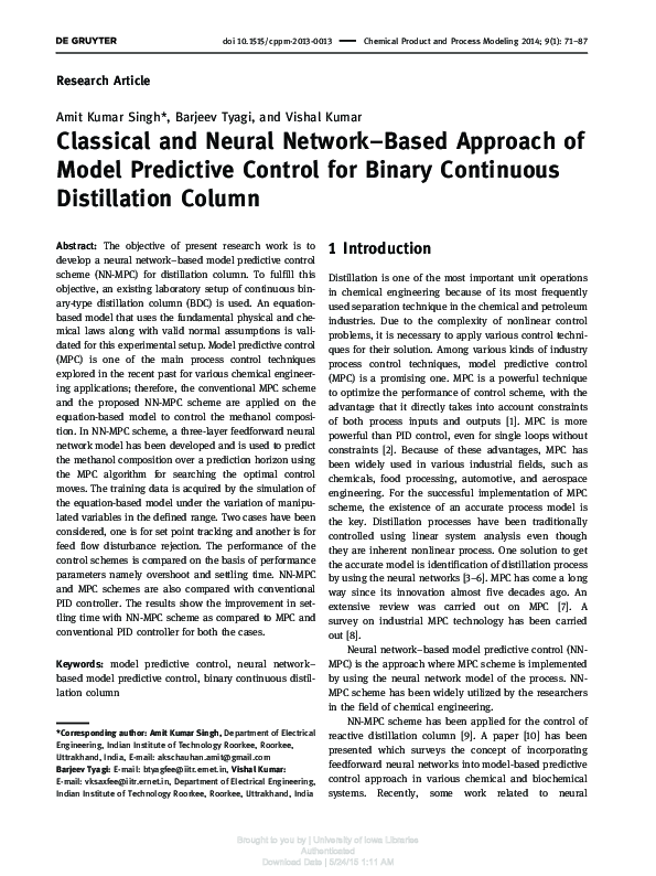 Pdf Classical And Neural Network Based Approach Of Model Predictive Control For Binary
