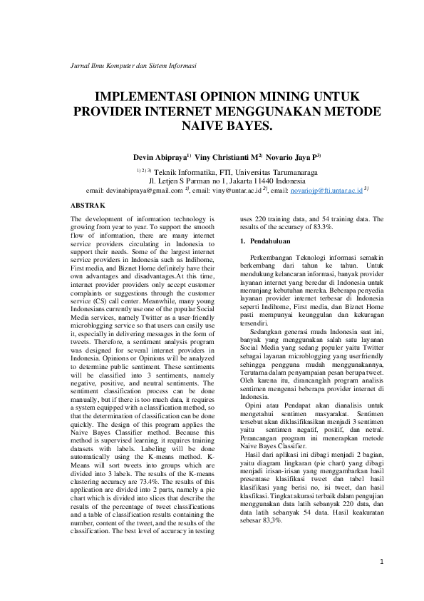 (PDF) Implementasi Opinion Mining Untuk Provider Internet Menggunakan Metode Naive Bayes