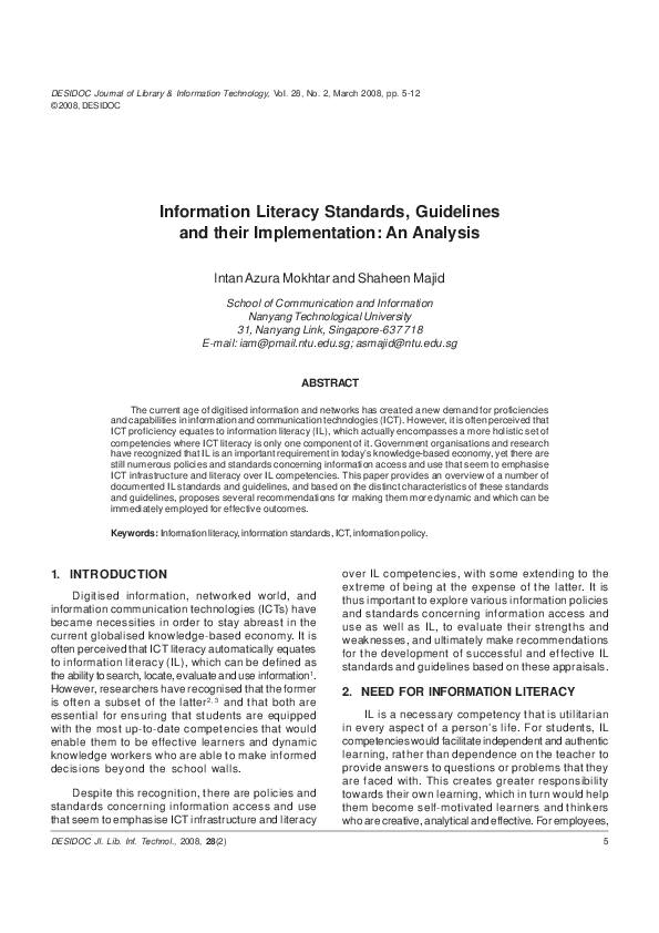 (PDF) Information Literacy Standards, Guidelines and their ...