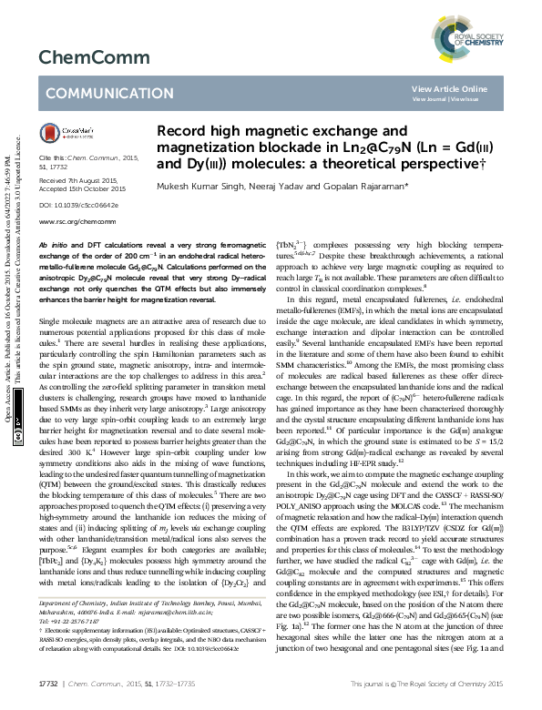 (PDF) Record high magnetic exchange and magnetization blockade in Ln2@C79N (Ln = Gd(iii) and Dy ...