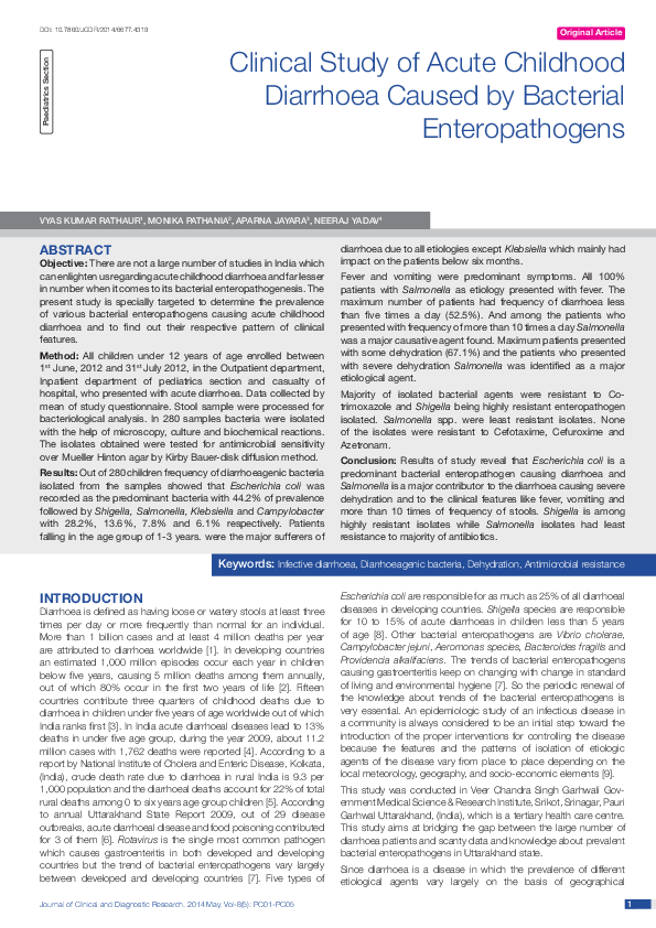(PDF) Clinical Study of Acute Childhood Diarrhoea Caused by Bacterial ...