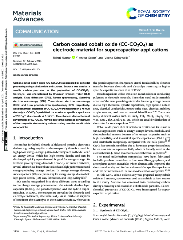 (PDF) Carbon coated cobalt oxide (CC-CO3O4) as electrode material for ...