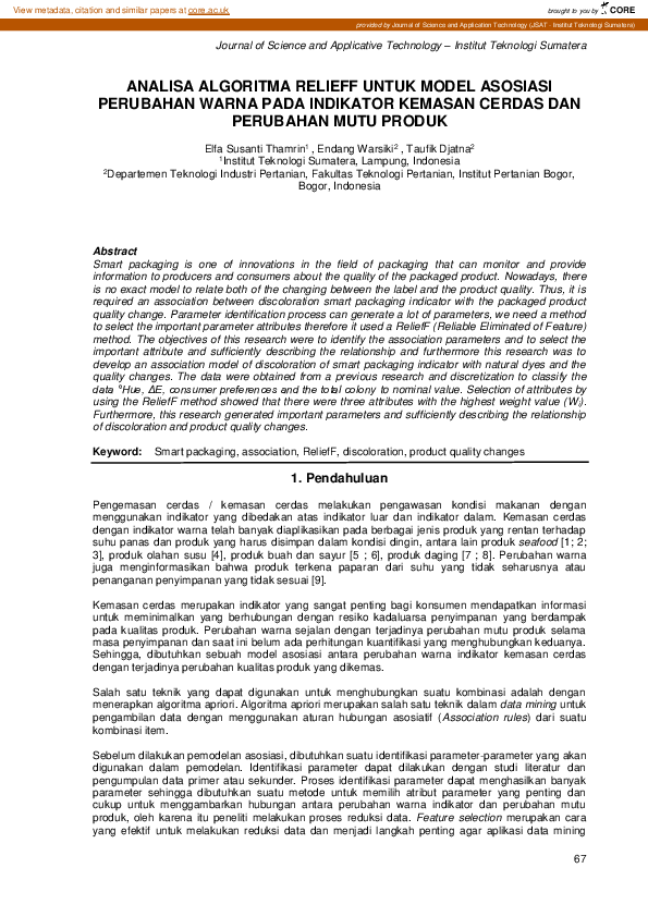 (PDF) Analisa Algoritma Relieff Untuk Model Asosiasi Perubahan Warna Pada Indikator Kemasan ...