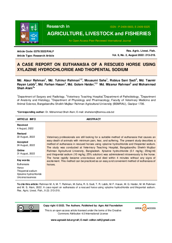 (PDF) A Case Report on Euthanasia of a Rescued Horse Using Xylazine Hydrochloride and Thiopental ...