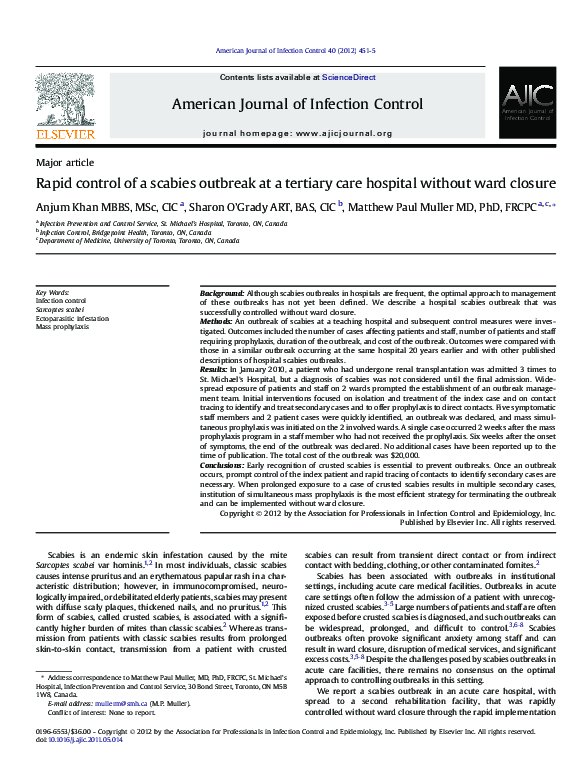 (PDF) Rapid control of a scabies outbreak at a tertiary care hospital ...