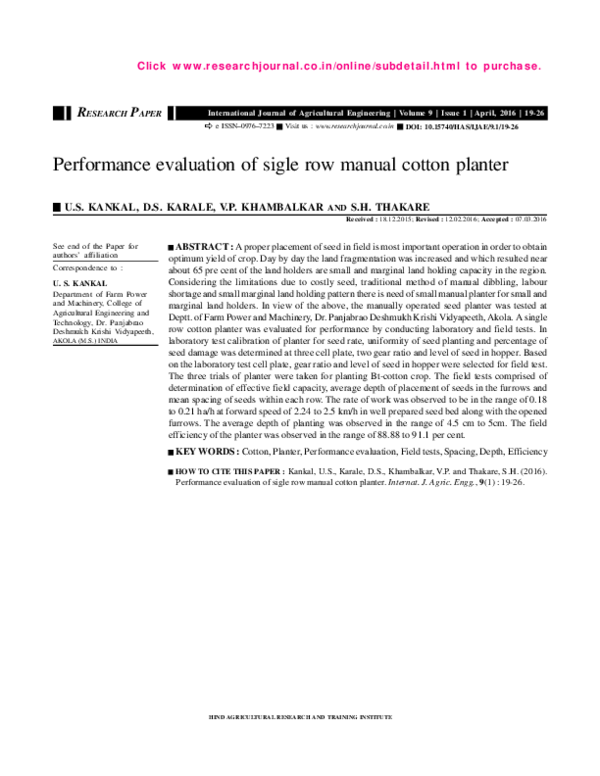 (PDF) Performance evaluation of sigle row manual cotton planter