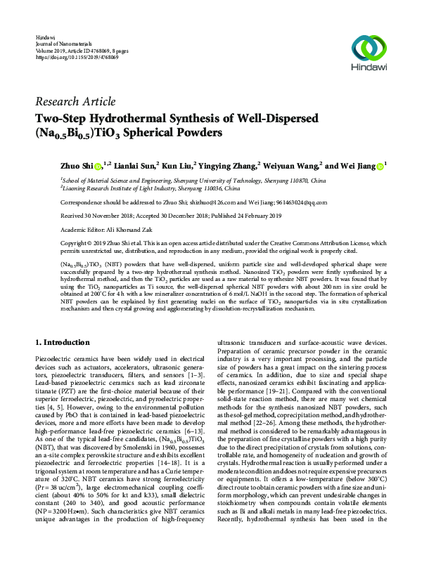 (PDF) Two-Step Hydrothermal Synthesis of Well-Dispersed (Na0.5Bi0.5 ...