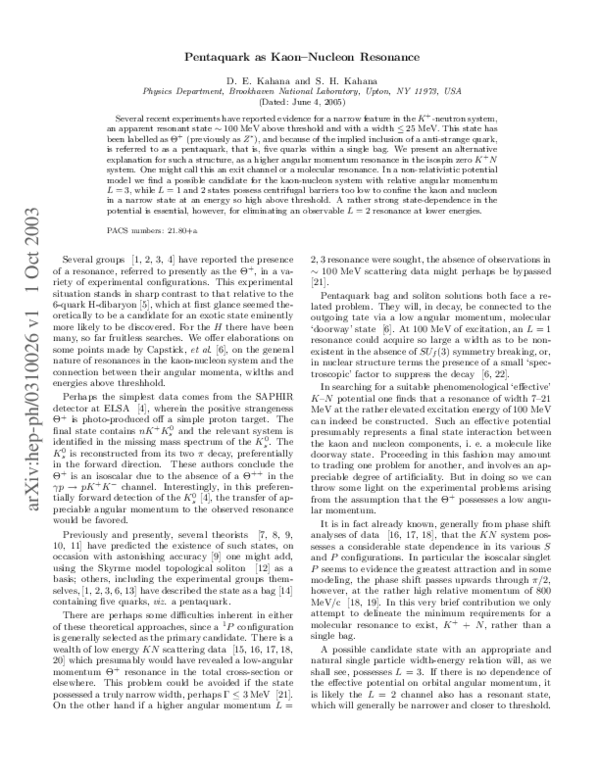 (PDF) Pentaquark as a kaon-nucleon resonance