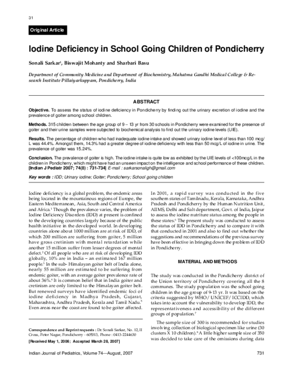 (PDF) Iodine deficiency in school going children of Pondicherry