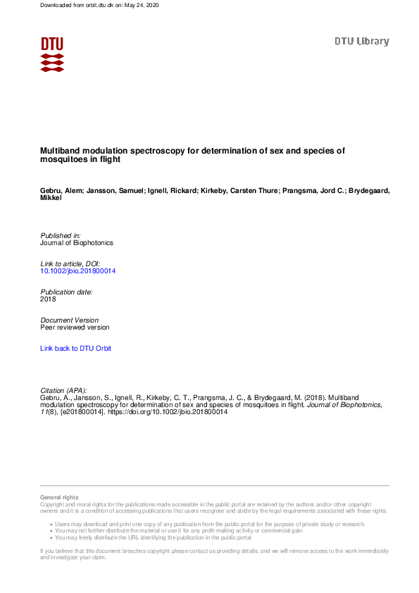 Pdf Multiband Modulation Spectroscopy For The Determination Of Sex And Species Of Mosquitoes
