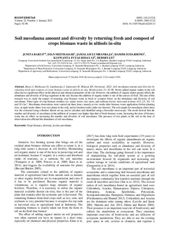 (PDF) Soil mesofauna amount and diversity by returning fresh and ...