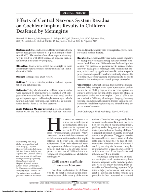(PDF) Effects of Central Nervous System Residua on Cochlear Implant ...