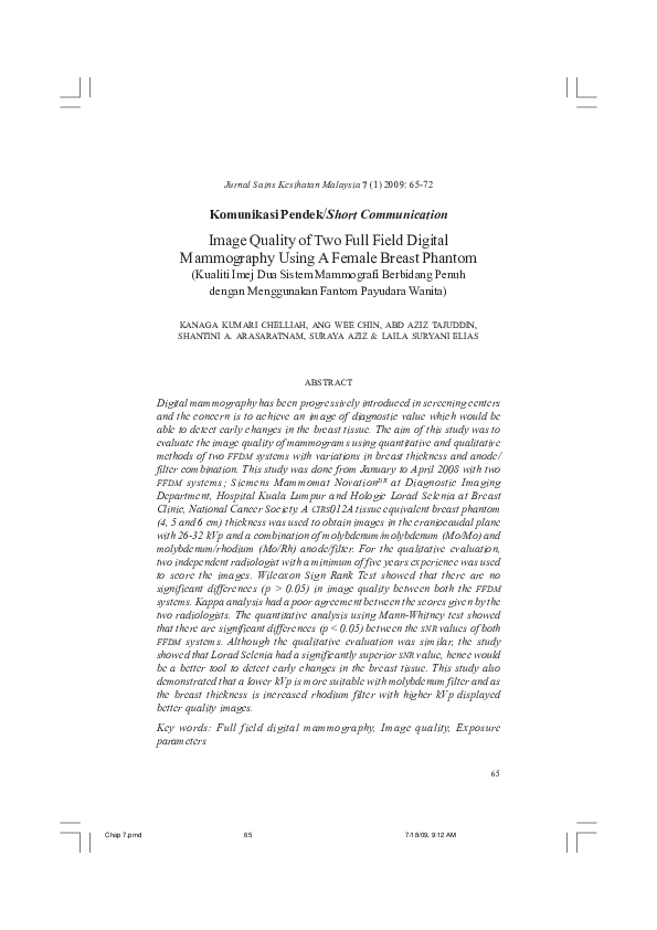 (PDF) Image quality of two full field digital mammography using a female breast phantom