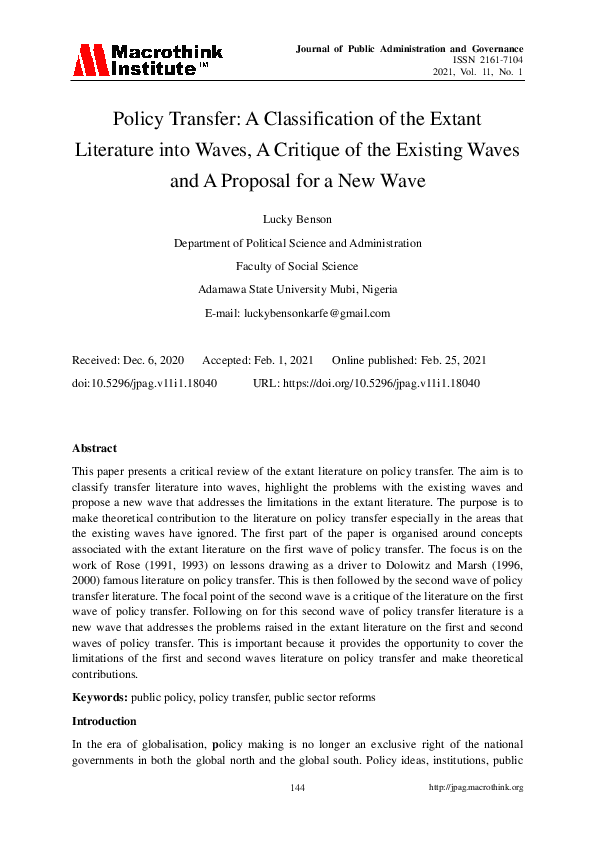 (PDF) Policy Transfer: A Classification of the Extant Literature into ...