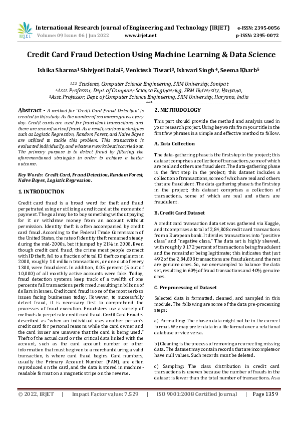 (PDF) Credit Card Fraud Detection Using Machine Learning & Data Science