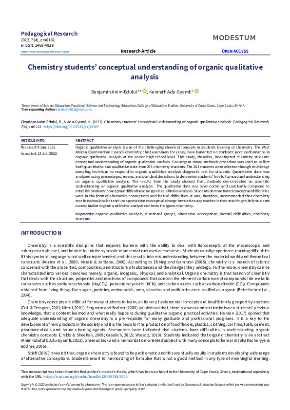 (PDF) Chemistry students’ conceptual understanding of organic qualitative analysis