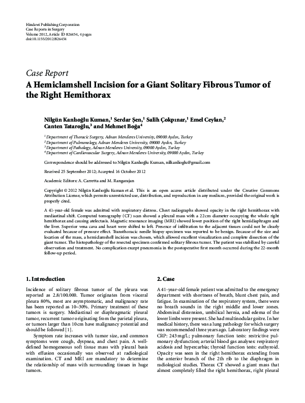 (PDF) A Hemiclamshell Incision for a Giant Solitary Fibrous Tumor of ...