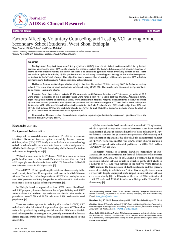 (PDF) Factors Affecting Voluntary Counseling and Testing VCT among Ambo ...