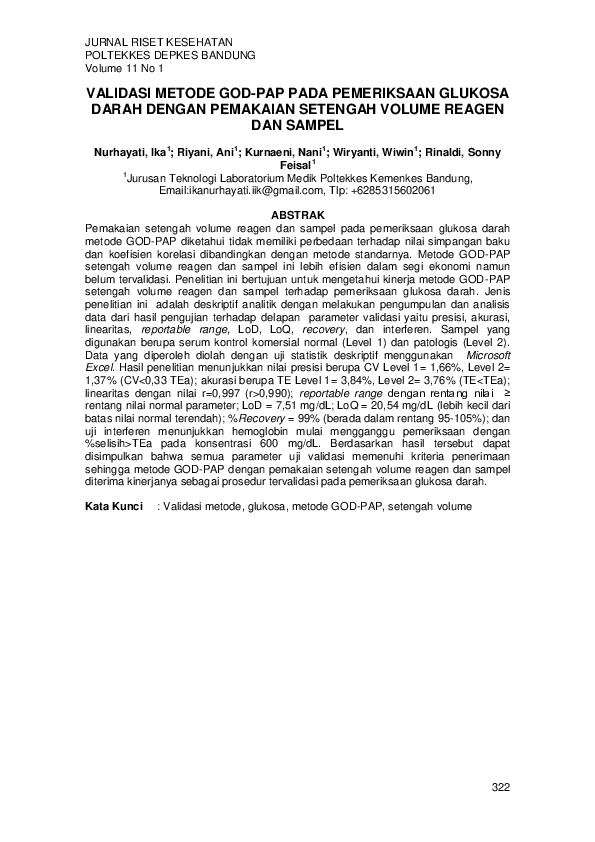 (PDF) Validasi Metode God-Pap Pada Pemeriksaan Glukosa Darah Dengan ...