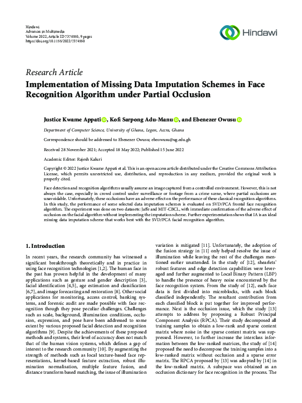 (PDF) Implementation of Missing Data Imputation Schemes in Face Recognition Algorithm under ...