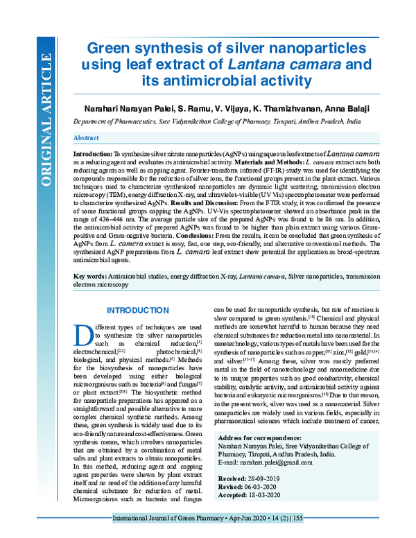 (PDF) Green synthesis of silver nanoparticles using leaf extract of Lantana camara and its ...