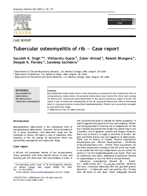 (PDF) Tubercular osteomyelitis of rib – Case report | Saurabh Singh - Academia.edu