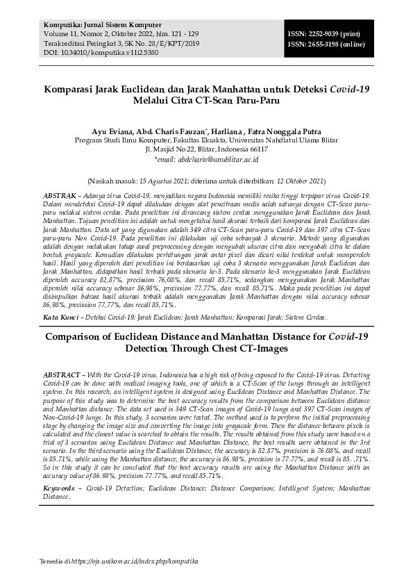 (PDF) Komparasi Jarak Euclidean dan Jarak Manhattan Untuk Deteksi Covid ...