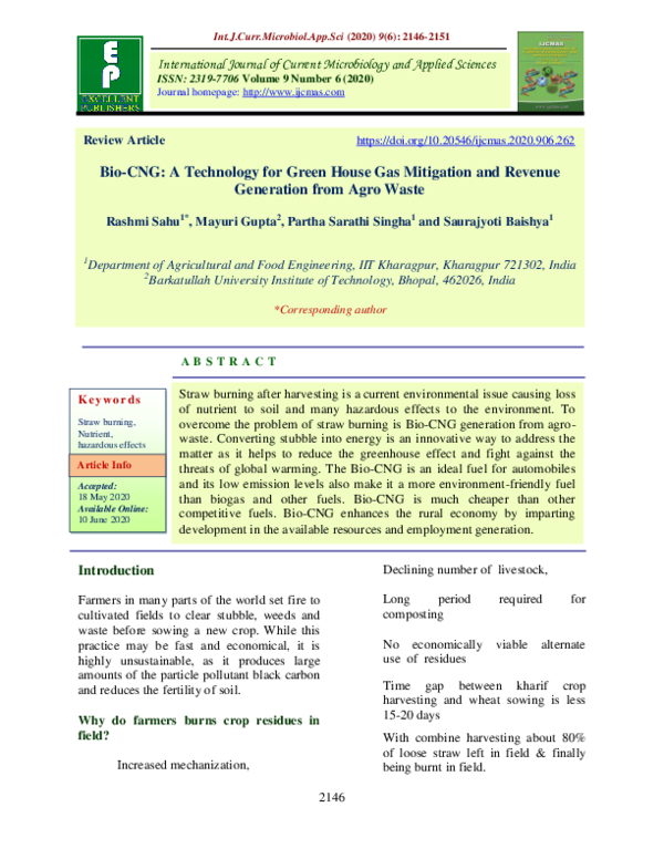 (PDF) Bio-CNG: A Technology for Green House Gas Mitigation and Revenue Generation from Agro Waste