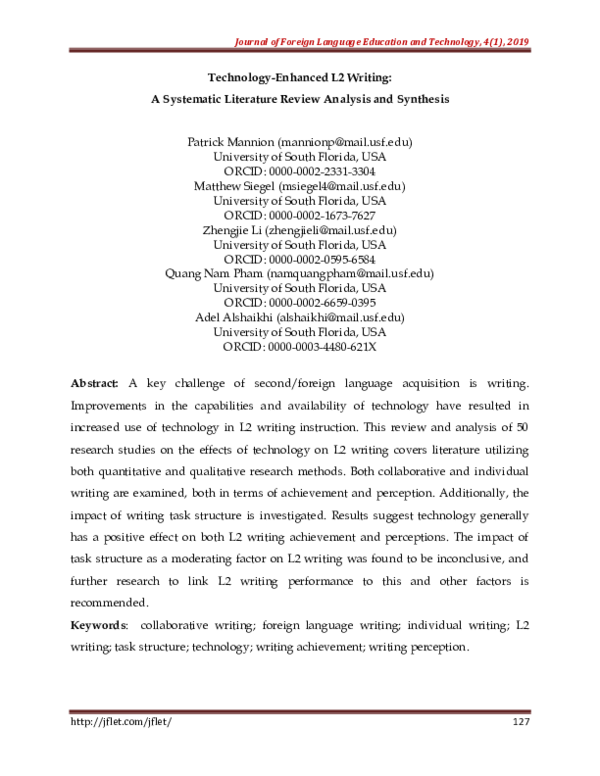 (PDF) Technology-Enhanced L2 Writing: A Systematic Literature Review and Analysis/Synthesis