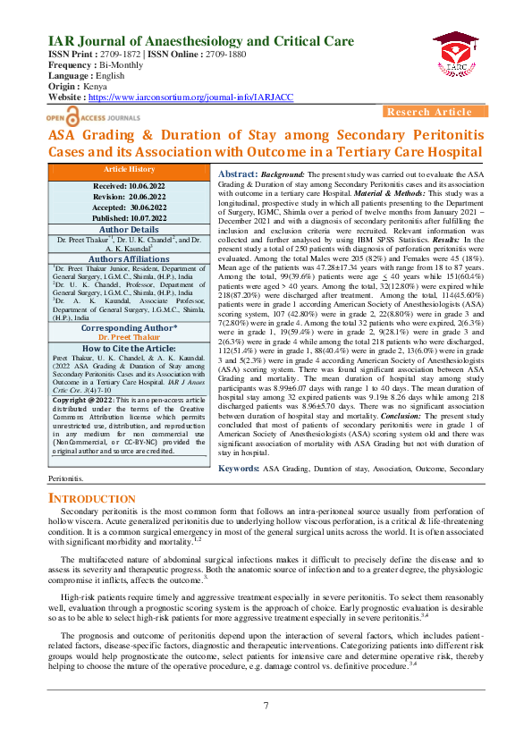 (PDF) ASA Grading & Duration of Stay among Secondary Peritonitis Cases ...