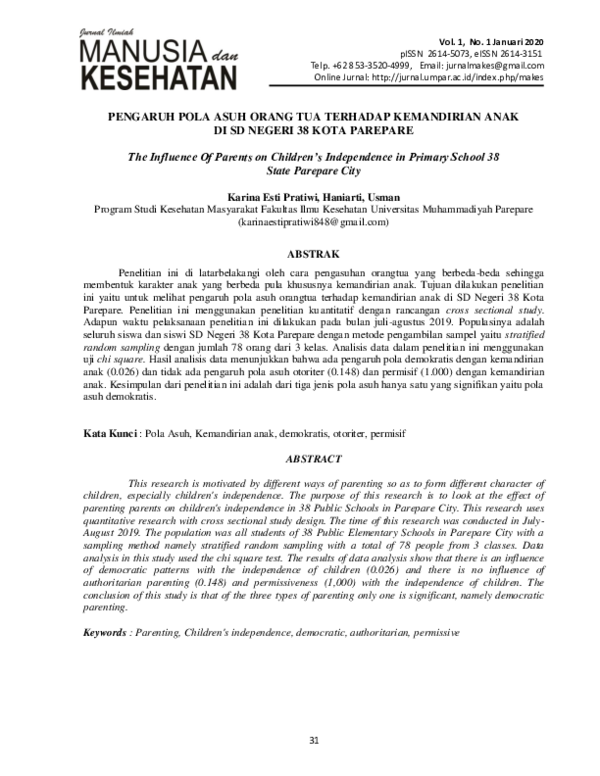 (PDF) PENGARUH POLA ASUH ORANG TUA TERHADAP KEMANDIRIAN ANAK DI SD NEGERI 38 KOTA PAREPARE The ...