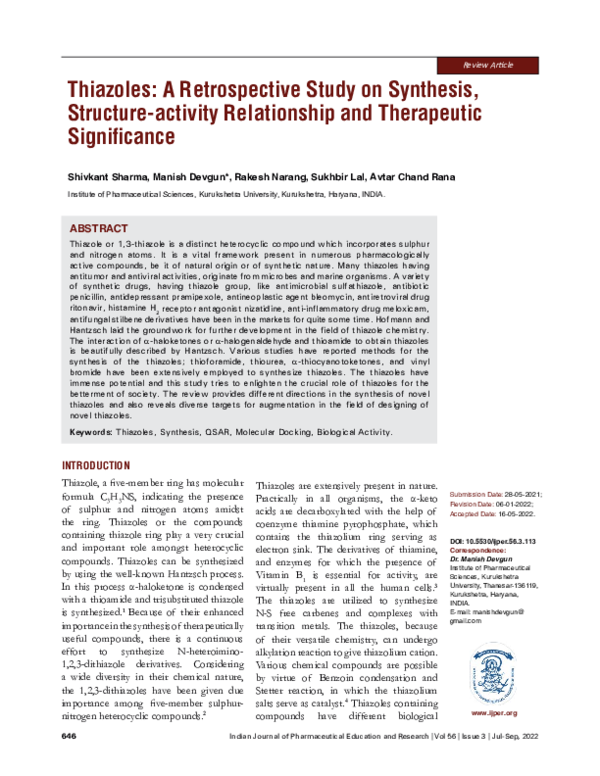 (PDF) Thiazoles: A Retrospective Study on Synthesis, Structure-activity Relationship and ...