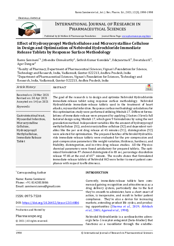 Pdf Effect Of Hydroxypropyl Methylcellulose And Microcrystalline Cellulose In Design And