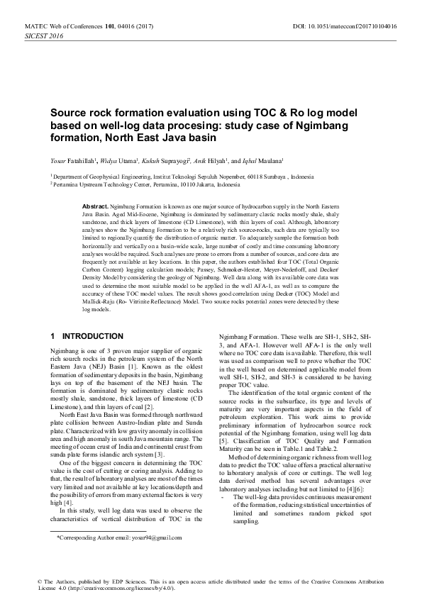 Pdf Source Rock Formation Evaluation Using Toc And Ro Log Model Based On Well Log Data Procesing