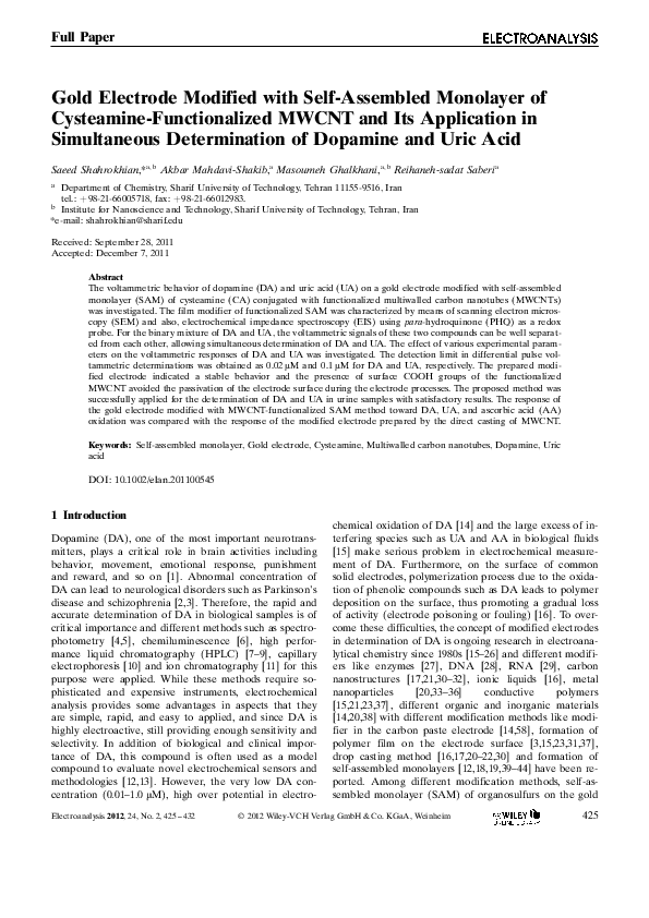 (PDF) Gold Electrode Modified with a Self‐Assembled Monolayer of 11 ...