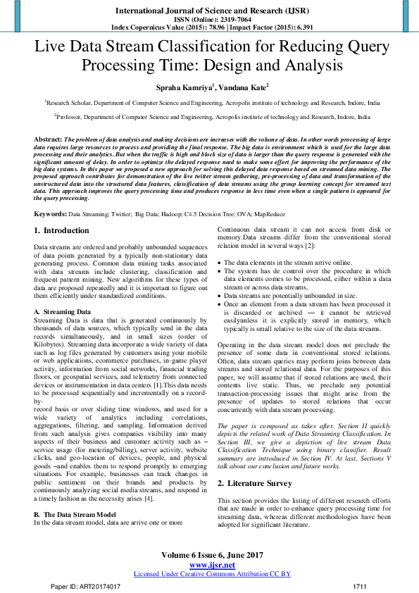 Pdf Live Data Stream Classification For Reducing Query Processing