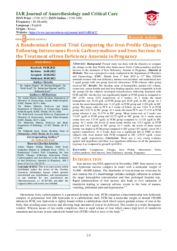 (PDF) A Randomised Control Trial Comparing the Iron Profile Changes Following Intravenous Ferric ...
