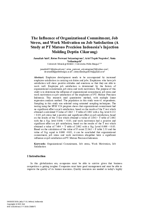 (PDF) The Influence of Organizational Commitment, Job Stress, and Work Motivation on Job ...