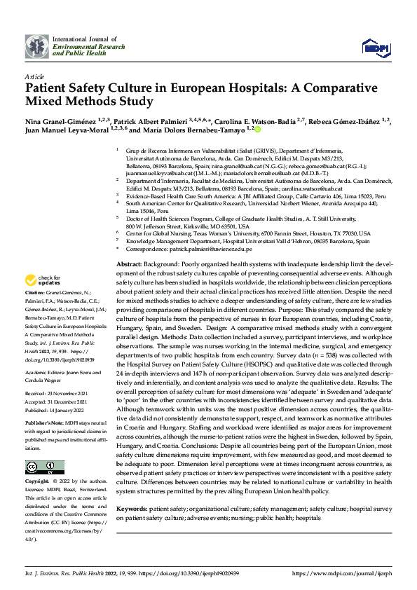 (PDF) Patient safety culture in European hospitals: A comparative mixed methods study
