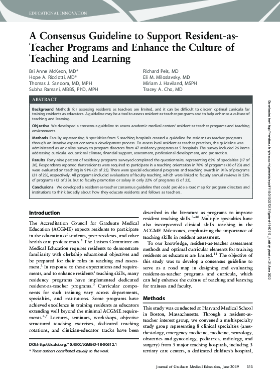 (PDF) A Consensus Guideline to Support Resident-as-Teacher Programs and Enhance the Culture of ...