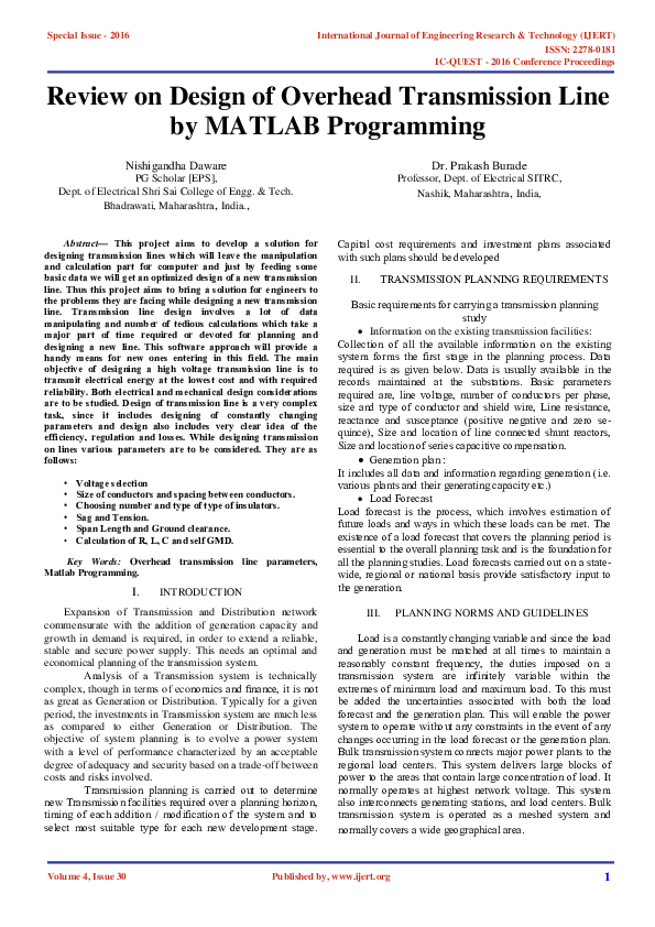 (PDF) Review on Design of Overhead Transmission Line by MATLAB Programming