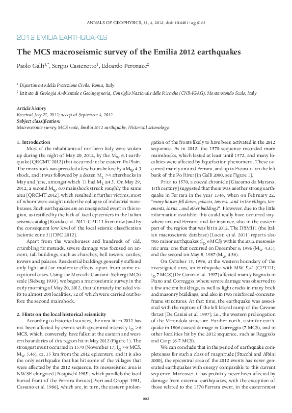 (PDF) The MCS macroseismic survey of the Emilia 2012 earthquakes