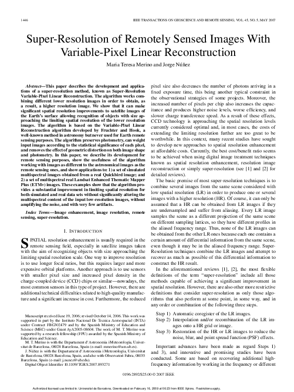 (PDF) Super-Resolution of Remotely Sensed Images With Variable-Pixel ...