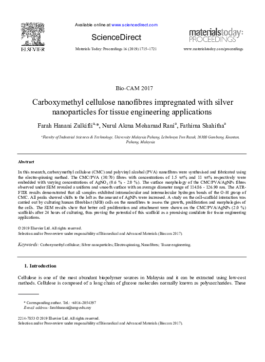 (PDF) Carboxymethyl cellulose nanofibres impregnated with silver nanoparticles for tissue ...