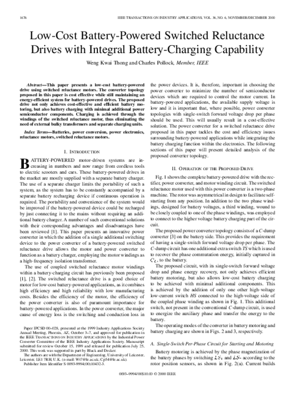 Pdf Low Cost Battery Powered Switched Reluctance Drives With Integral Battery Charging Capability
