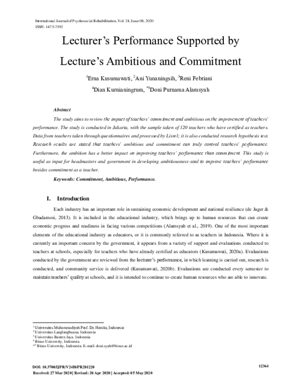 (PDF) Lecturer’s Performance Supported by Lecture’s Ambitious and Commitment