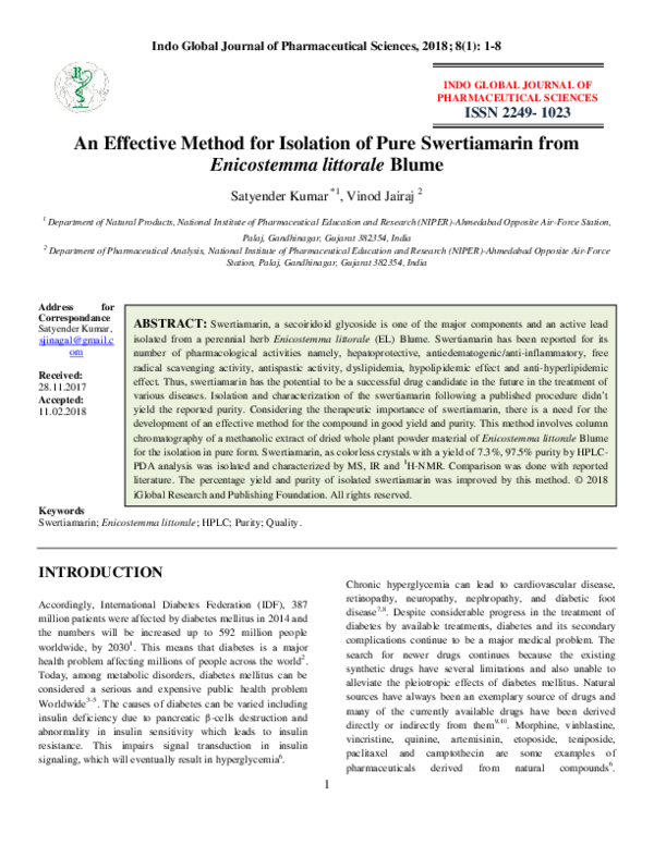 (PDF) An Effective Method for Isolation of Pure Swertiamarin from ...