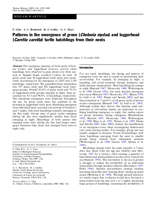(PDF) Patterns in the emergence of green (Chelonia mydas) and ...