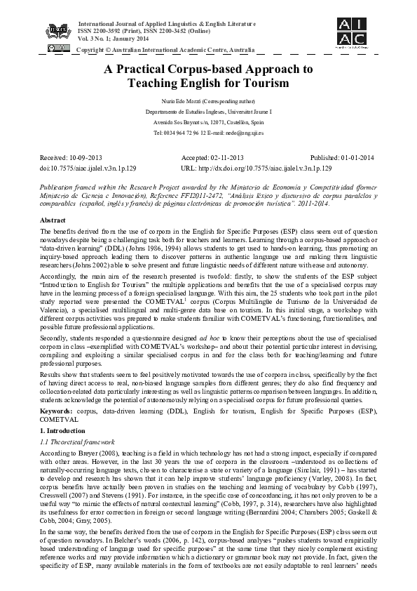 (PDF) A Practical Corpus-based Approach to Teaching English for Tourism